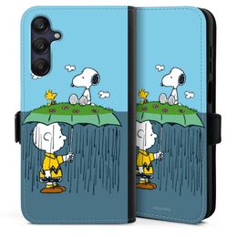 DeinDesign Galaxy A25 5G Handy Klapph&uuml;lle Handyh&uuml;lle aus Kunst Leder schwarz Flip Case Peanuts Children Snoopy Sideflip mit Lasche