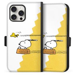 DeinDesign iPhone 15 Pro Max Handy Klapph&uuml;lle Handyh&uuml;lle aus Kunst Leder schwarz Flip Case Snoopy Peanuts Children Sideflip mit Lasche