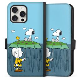DeinDesign iPhone 15 Pro Max Handy Klapph&uuml;lle Handyh&uuml;lle aus Kunst Leder schwarz Flip Case Peanuts Children Snoopy Sideflip mit Lasche