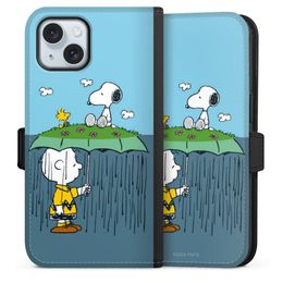 DeinDesign iPhone 15 Handy Klapph&uuml;lle Handyh&uuml;lle aus Kunst Leder schwarz Flip Case Peanuts Children Snoopy Sideflip mit Lasche