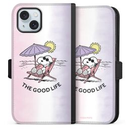 DeinDesign iPhone 15 Handy Klapph&uuml;lle Handyh&uuml;lle aus Kunst Leder schwarz Flip Case Snoopy Official Licensed Product Peanuts Sideflip mit Lasche