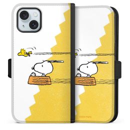 DeinDesign iPhone 15 Handy Klapph&uuml;lle Handyh&uuml;lle aus Kunst Leder schwarz Flip Case Snoopy Peanuts Children Sideflip mit Lasche