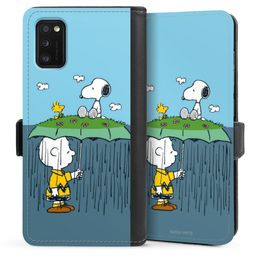 DeinDesign Galaxy A41 Handy Klapph&uuml;lle Handyh&uuml;lle aus Kunst Leder schwarz Flip Case Peanuts Children Snoopy Sideflip mit Lasche