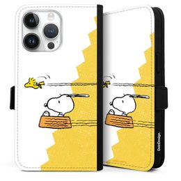 DeinDesign iPhone 14 Pro Max Handy Klapph&uuml;lle Handyh&uuml;lle aus Kunst Leder schwarz Flip Case Snoopy Peanuts Children Sideflip mit Lasche