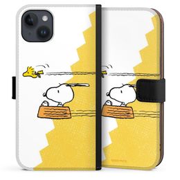 DeinDesign iPhone 14 Plus Handy Klapph&uuml;lle Handyh&uuml;lle aus Kunst Leder schwarz Flip Case Snoopy Peanuts Children Sideflip mit langer Lasche