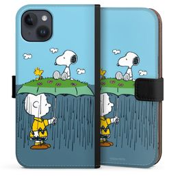 DeinDesign iPhone 14 Plus Handy Klapph&uuml;lle Handyh&uuml;lle aus Kunst Leder schwarz Flip Case Peanuts Children Snoopy Sideflip mit langer Lasche