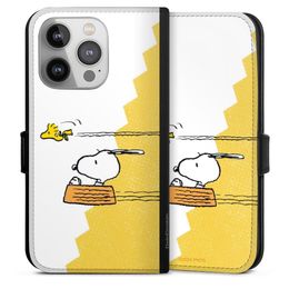 DeinDesign iPhone 14 Pro Handy Klapph&uuml;lle Handyh&uuml;lle aus Kunst Leder schwarz Flip Case Snoopy Peanuts Children Sideflip mit langer Lasche
