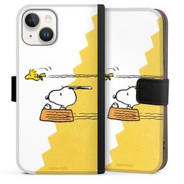 DeinDesign iPhone 14 Handy Klapph&uuml;lle Handyh&uuml;lle aus Kunst Leder schwarz Flip Case Snoopy Peanuts Children Sideflip mit Lasche