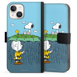 DeinDesign iPhone 14 Handy Klapph&uuml;lle Handyh&uuml;lle aus Kunst Leder schwarz Flip Case Peanuts Children Snoopy Sideflip mit Lasche