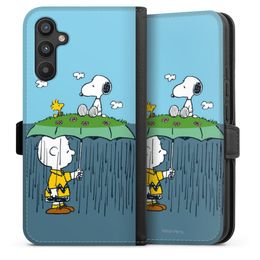 DeinDesign Galaxy A34 5G Handy Klapph&uuml;lle Handyh&uuml;lle aus Kunst Leder schwarz Flip Case Peanuts Children Snoopy Sideflip mit Lasche