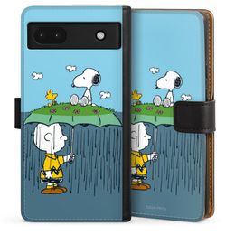 DeinDesign Google Pixel 6a Handy Klapph&uuml;lle Handyh&uuml;lle aus Kunst Leder schwarz Flip Case Peanuts Children Snoopy Sideflip mit langer Lasche