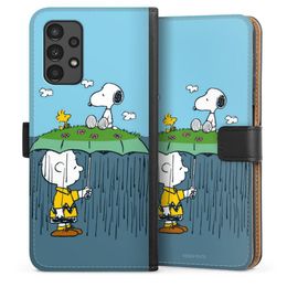 DeinDesign Galaxy A13 4G Handy Klapph&uuml;lle Handyh&uuml;lle aus Kunst Leder schwarz Flip Case Peanuts Children Snoopy Sideflip mit langer Lasche