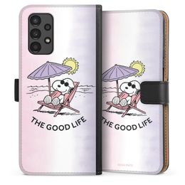 DeinDesign Galaxy A13 4G Handy Klapph&uuml;lle Handyh&uuml;lle aus Kunst Leder schwarz Flip Case Snoopy Official Licensed Product Peanuts Sideflip mit langer Lasche