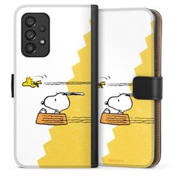 DeinDesign Galaxy A53 5G Handy Klapph&uuml;lle Handyh&uuml;lle aus Kunst Leder schwarz Flip Case Children Peanuts Snoopy Sideflip mit langer Lasche
