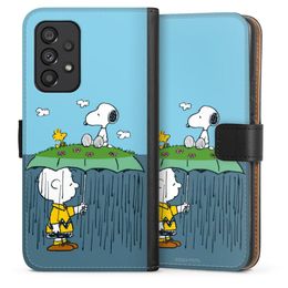 DeinDesign Galaxy A53 5G Handy Klapph&uuml;lle Handyh&uuml;lle aus Kunst Leder schwarz Flip Case Children Snoopy Peanuts Sideflip mit langer Lasche