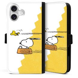 DeinDesign iPhone 16 Plus Handy Klapph&uuml;lle Handyh&uuml;lle aus Kunst Leder schwarz Flip Case Snoopy Peanuts Children Sideflip mit Lasche