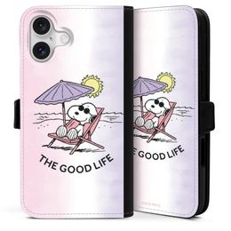DeinDesign iPhone 16 Plus Handy Klapph&uuml;lle Handyh&uuml;lle aus Kunst Leder schwarz Flip Case Snoopy Official Licensed Product Peanuts Sideflip mit Lasche