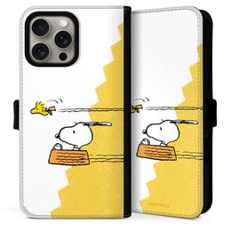 DeinDesign iPhone 16 Pro Handy Klapph&uuml;lle Handyh&uuml;lle aus Kunst Leder schwarz Flip Case Snoopy Peanuts Children Sideflip mit Lasche