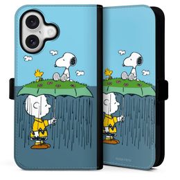 DeinDesign iPhone 16 Handy Klapph&uuml;lle Handyh&uuml;lle aus Kunst Leder schwarz Flip Case Peanuts Children Snoopy Sideflip mit Lasche
