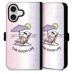 DeinDesign iPhone 16 Handy Klapph&uuml;lle Handyh&uuml;lle aus Kunst Leder schwarz Flip Case Snoopy Official Licensed Product Peanuts Sideflip mit Lasche