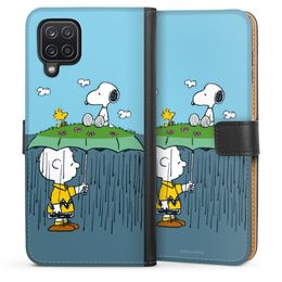 DeinDesign Galaxy A12 Handy Klapph&uuml;lle Handyh&uuml;lle aus Kunst Leder schwarz Flip Case Peanuts Children Snoopy Sideflip mit langer Lasche