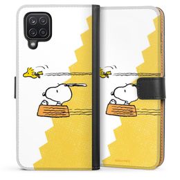 DeinDesign Galaxy A12 Handy Klapph&uuml;lle Handyh&uuml;lle aus Kunst Leder schwarz Flip Case Snoopy Peanuts Children Sideflip mit langer Lasche