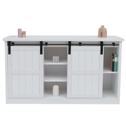 Sideboard MCW-K75, Highboard Regal Schrank Schiebet&uuml;re 7 F&auml;cher Holz-Optik Industrial Metall 84x150x40cm ~ wei&szlig;