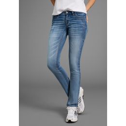 Comfort-fit-Jeans Arizona "mit Keileins&auml;tzen", Damen, Gr. 42, N-Gr, blau (mid blau use), Obermaterial: 76% Baumwolle, 16% Polyester, 7% Viskose, 1% Elasthan, unifarben, Basic, Jeans, niedrige Leibh&ouml;he