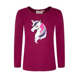 Langarmshirt happy girls, M&auml;dchen, Gr. 128, berry, Jersey, Obermaterial: 95% Baumwolle, 5% Elasthan, unifarben, regular fit h&uuml;ftbedeckend, Rundhals, abgesteppte Kante, Shirts Langarmshirt, mit s&uuml;&szlig;em Einhorn-Motiv aus tollen Wechsel-Pailletten