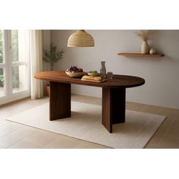 Esstisch oval mit gerader Kante 204x90 cm Akazienholz massiv Nussbaum V-Gestell aus Holz LAURIE
