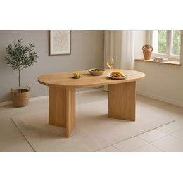 Esstisch oval mit gerader Kante 160x90 cm Akazienholz massiv Natur V-Gestell aus Holz LAURIE