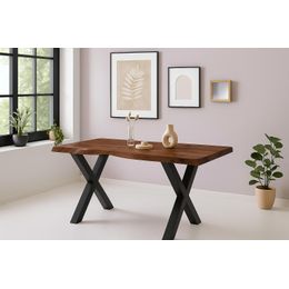 Esstisch Baumkante Akazie massiv 50mm Nussbaum 120 x 80 cm X-Gestell schwarz CALI