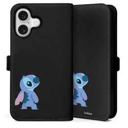 DeinDesign iPhone 16 Handy Klapph&uuml;lle Handyh&uuml;lle aus Kunst Leder schwarz Flip Case Disney Lilo & Stitch Merchandise Sideflip mit Lasche
