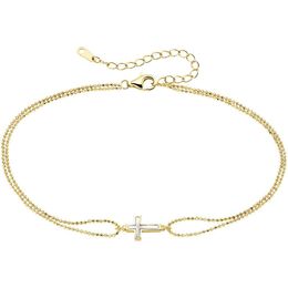 Fußkette "Schmuck Geschenk Silber 925 Fusskettchen mit Kreuz", weiß (gelbgoldfarben, perlmuttfarben), ANISTON JEWELRY & WATCHES, Fußketten, Silber 925 (Sterlingsilber), mit Perlmutt (synth.)