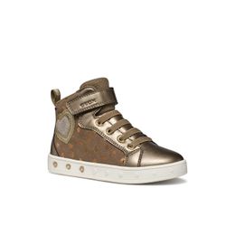 Sneaker Geox "J SKYLIN GIRL Blinkschuh", Mädchen, Gr. 27, silber (beige, platin), Synthetik, Textil, Glitzer, metallic, Schuhe, Schnürboots mit Glitzer, Blinkfunktion, Größenschablone zum Download