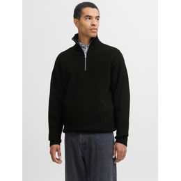 Jack & Jones Troyer JACK & JONES "JJESOHO OLLIE KNIT HALF ZIP SN", Herren, Gr. L, schwarz, Strick, Obermaterial: 51% Polyester, 41% Polyacryl, 5% Wolle, 3% Elasthan, unifarben, relaxed fit, hoch geschlossener Ausschnitt, Rippbündchen, Pullover