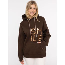 Hoodie Zwillingsherz ""Alissa Shiny"", Damen, Gr. S/M, braun (schwarz braun), angeraute Sweatware, Obermaterial: 50% Baumwolle, 50% Polyester, Sweatshirts, glänzender Print, Daumenloch, Kordel, gesticktes Herz am Ärmel
