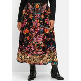 sheego Große Größen Maxirock mit floralem Print, aus Viskose-Satin, schwarz-bunt, Größe 48 - Damen