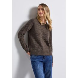 Rundhalspullover Street One, Damen, Gr. 44, braun (schwarz nomad braun meliert), Strick, Obermaterial: 40% Baumwolle, 37% Polyacryl, 20% Nylon, 3% Elasthan, Strukturmuster, meliert, regular fit normal, Rundhals, Rippbündchen, Pullover, mit Strukturmuster