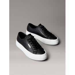 Plateausneaker Calvin Klein Jeans "VULC FLATF LACE UP LTH CK", Damen, Gr. 42, schwarz, weiß, Leder, Lederimitat, unifarben, Schuhe, Schnürschuh, Halbschuh, Freizeitsneaker mit CK-Logo