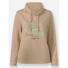 WITT Damen Sweatshirt mit &uuml;berlappendem Rollkragen, beige-eucalyptus-bedruckt, Gr&ouml;&szlig;e 36