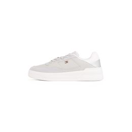 Plateausneaker Tommy Hilfiger "ESSENT BASKET SNEAKER METALLIC", Damen, Gr. 39, weiß (hellgrau, weiß), Leder, Lederimitat, Textil, Schuhe, Freizeitschuh, Halbschuh, Schnürschuh mit seitlicher Logoflagge
