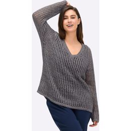 V-Ausschnitt-Pullover sheego "Pullover", Damen, Gr. 52/54, anthrazit, 54% Polyacryl, 46% Polyester, unifarben, Pullover