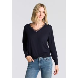 Strickpullover BOSS Orange "Fettuccini Premium Damenmode", Damen, Gr. XL (42), blau (dunkelblau 408), Strick, Obermaterial: 50% Baumwolle, 50% Schurwolle, unifarben, normal, V-Ausschnitt, Rippstrickb&uuml;ndchen, Pullover Strickpullover, V-Ausschnitt mit Spitzendetails