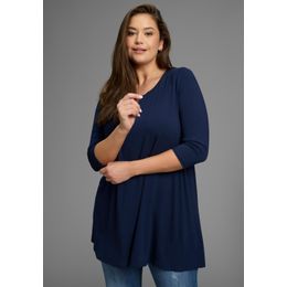 Tunikashirt LAURA SCOTT CURVE, Damen, Gr. 40/42, blau (navy), Single Jersey, Obermaterial: 94% Viskose, 6% Elasthan, unifarben, Basic, A-Linie Po-bedeckend, Rundhals, Shirts, mit 3/4-Ärmeln in schmeichelnder A-Linie – GROSSE GRÖSSEN