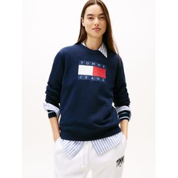 Sweatshirt Tommy Jeans "TJW REG TJ FLAG CREW", Damen, Gr. XS (34), blau (schwarz night navy), Sweatware, Obermaterial: 100% Baumwolle, bedruckt, regular fit, Rundhals, Rippb&uuml;ndchen, Sweatshirts Sweatshirt
