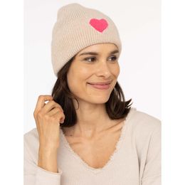 Zwillingsherz Beanie »"Heart Patch"« Grobstrick, Herzmotiv, Wollanteil, breiter Umschlag, wärmend beige