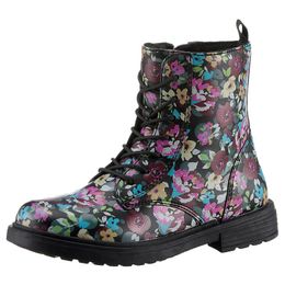 Geox Schnürboots »J ECLAIR GIRL D« Schnürstiefel, Boots mit Blockabsatz schwarz-bunt geblümt 28 28 Schnürboots mit süßer Blüten-Applikation