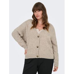 Strickjacke Only CARMAKOMA "CARZOEY L/S CARDIGAN KNT NOOS", Damen, Gr. M, woodsmoke detail:with melange, Strick, Obermaterial: 71% Polyacryl, 21% Polyester, 6% Nylon, 2% Elasthan, meliert, regular fit h&uuml;ftlang, Rundhals, Strickjacken Strickjacke