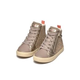 Sneaker Geox "J MIRROLESS GIRL", Mädchen, Gr. 27, gold (beige, rosegoldfarben), Synthetik, Textil, metallic, Schuhe, Schnürboots mit Warmfutter, Größenschablone zum Download